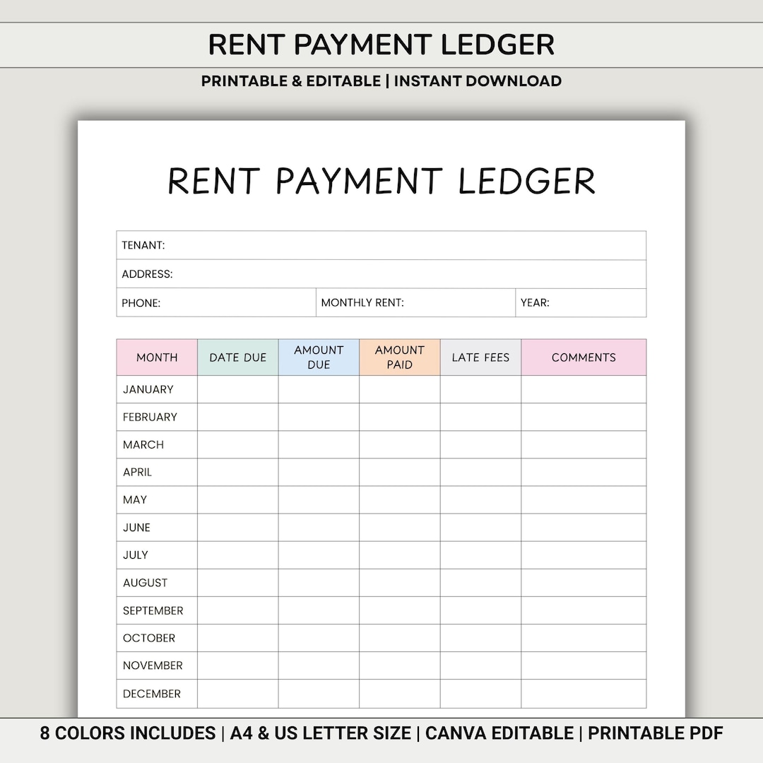 Rent Payment Ledger Printable, Rental Tracker Sheet, Monthly Rent Log ...
