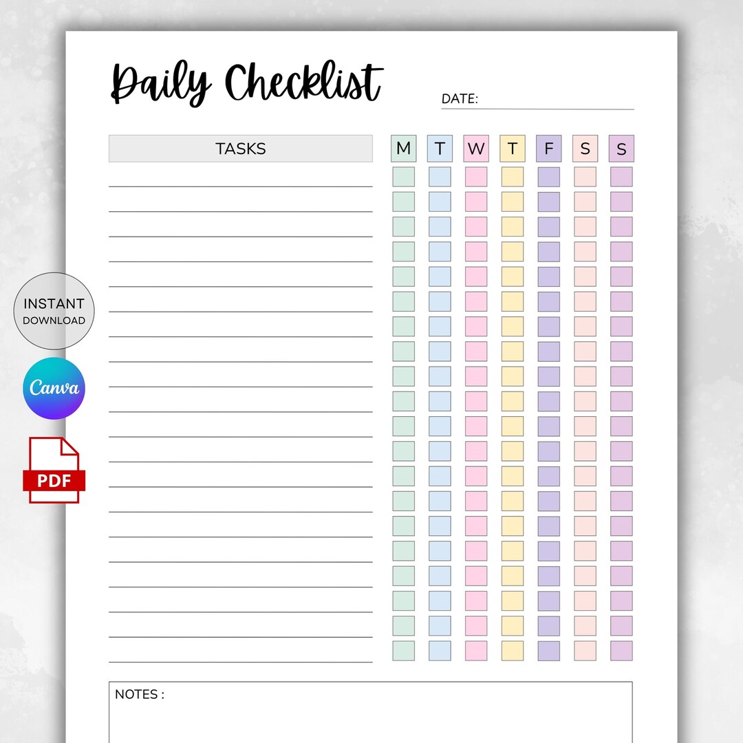 Daily Checklist Printable Editable Canva Daily to Do List Planner ...