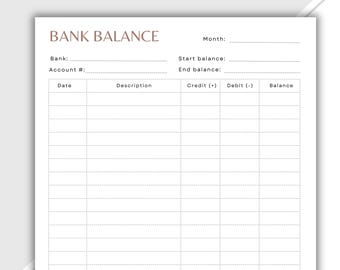 Printable Bank Balance Sheet, Savings Tracker, Banking Record, Finance ...