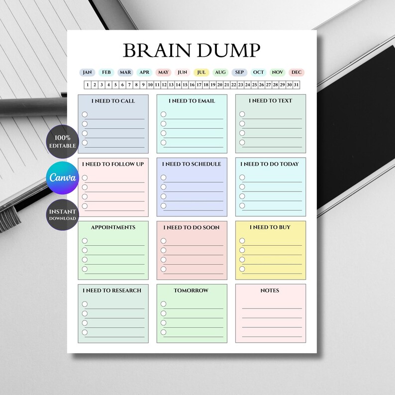 Brain Dump Planner Printable, ADHD Planner PDF, Canva Editable Planner ...