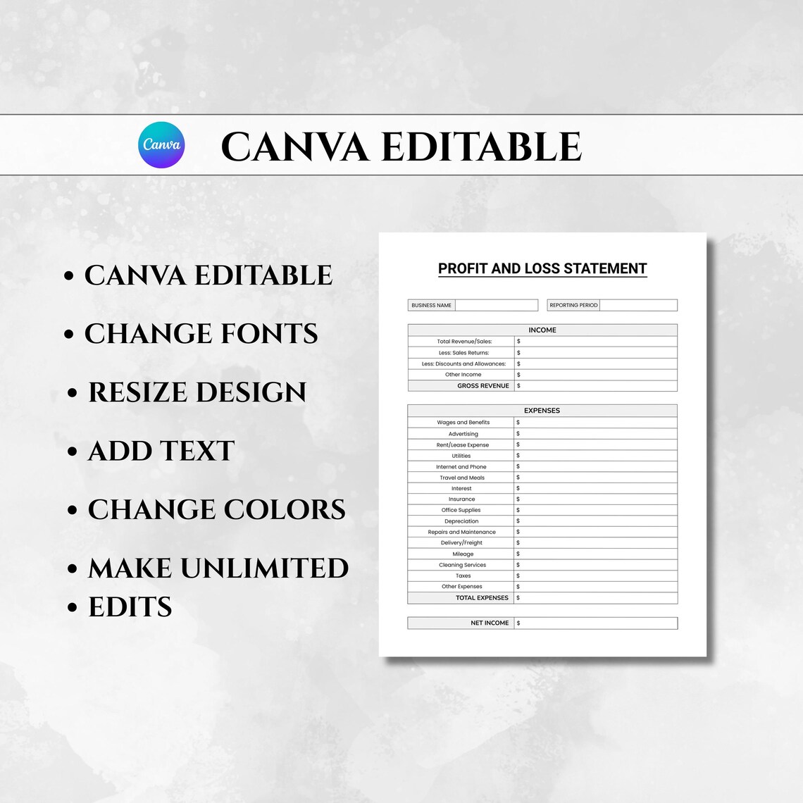 Profit and Loss Statement Template Editable | Small Business Income ...