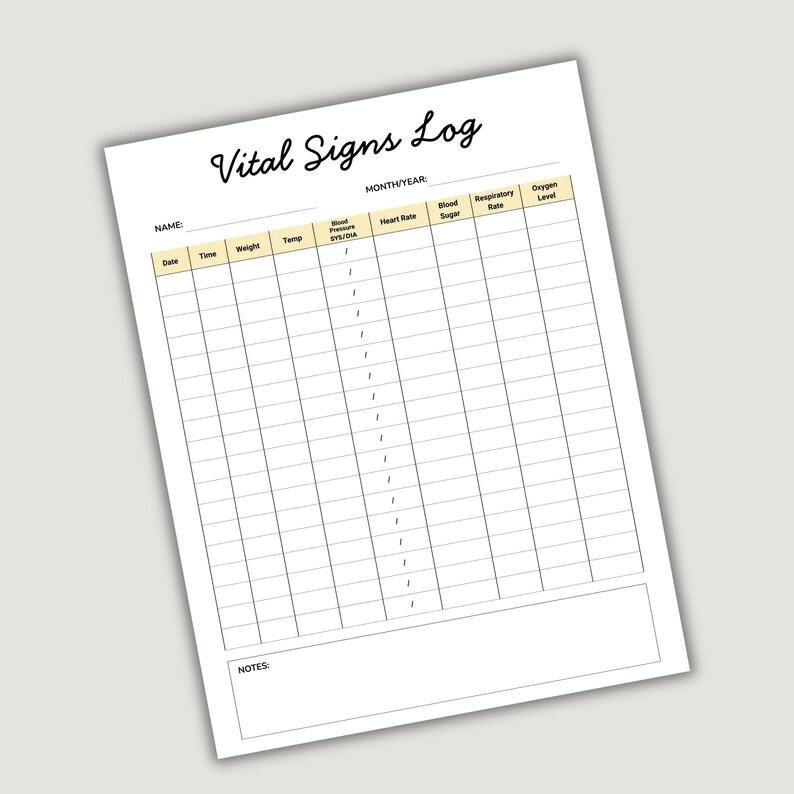 Vital Signs Log Template, Blood Pressure & Heart Rate Tracker, Nursing ...