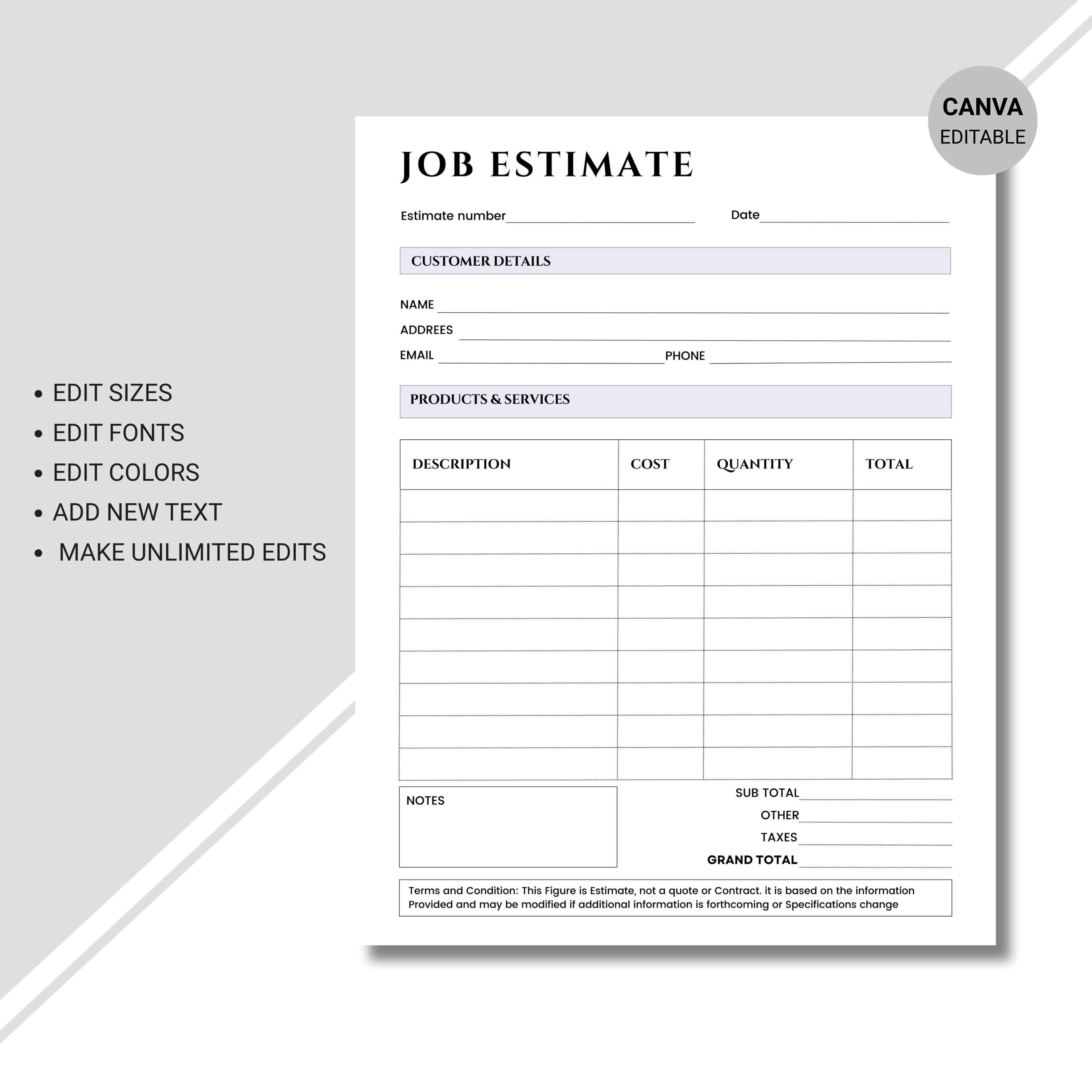 Work Estimate Template, Editable Job Estimate Template, Job Estimate ...