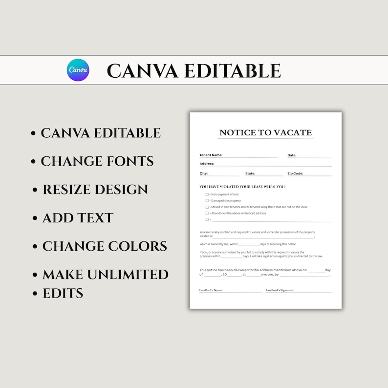 Notice to Vacate Template | Editable Tenant Move Out Notice | Landlord ...