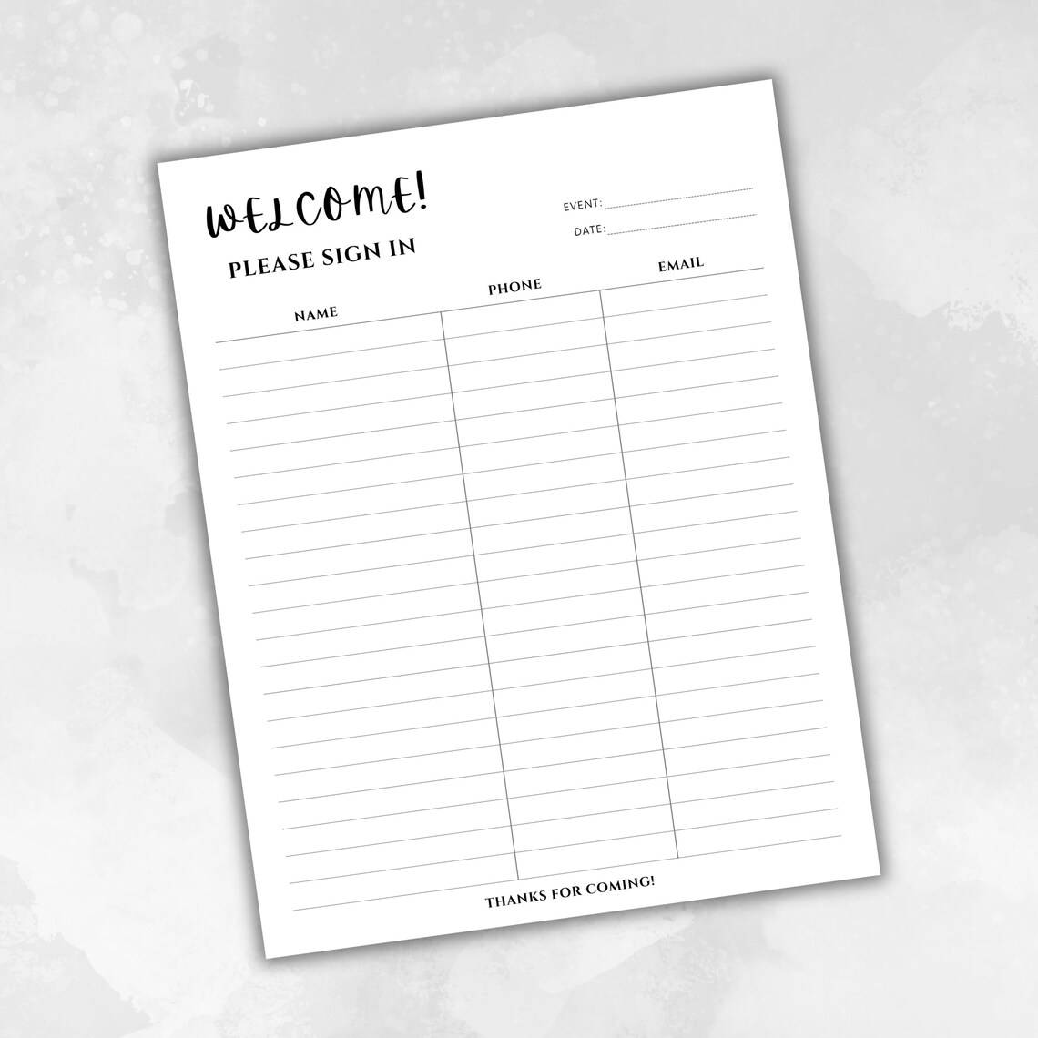 Printable Event Sign in Sheet | Welcome Please Sign in Template ...
