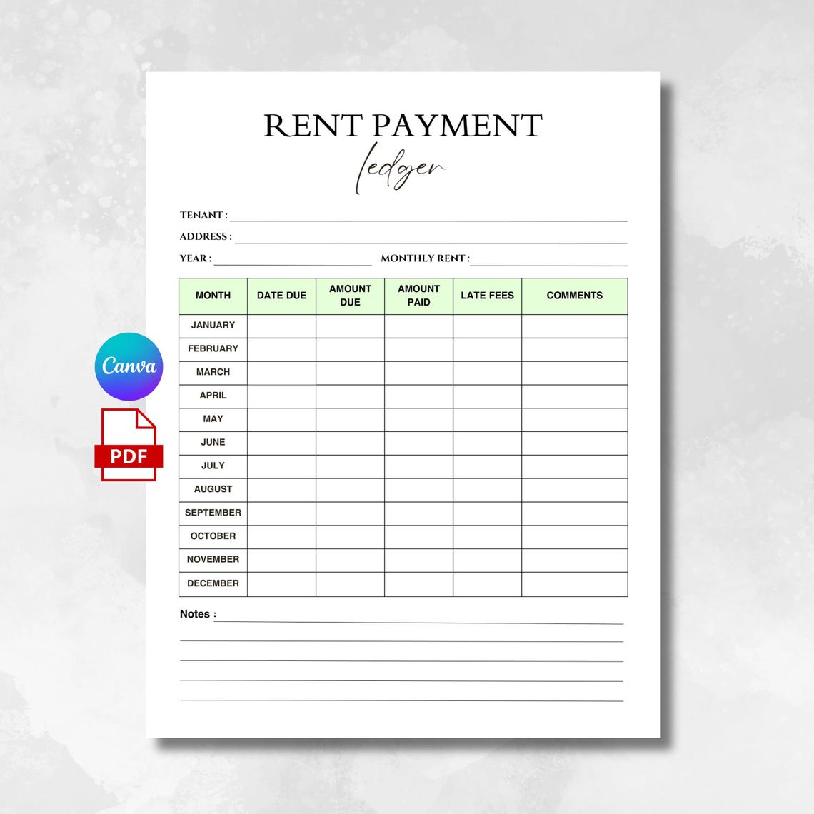 Rent Payment Ledger Printable | Monthly Rent Tracker | Landlord Rental ...