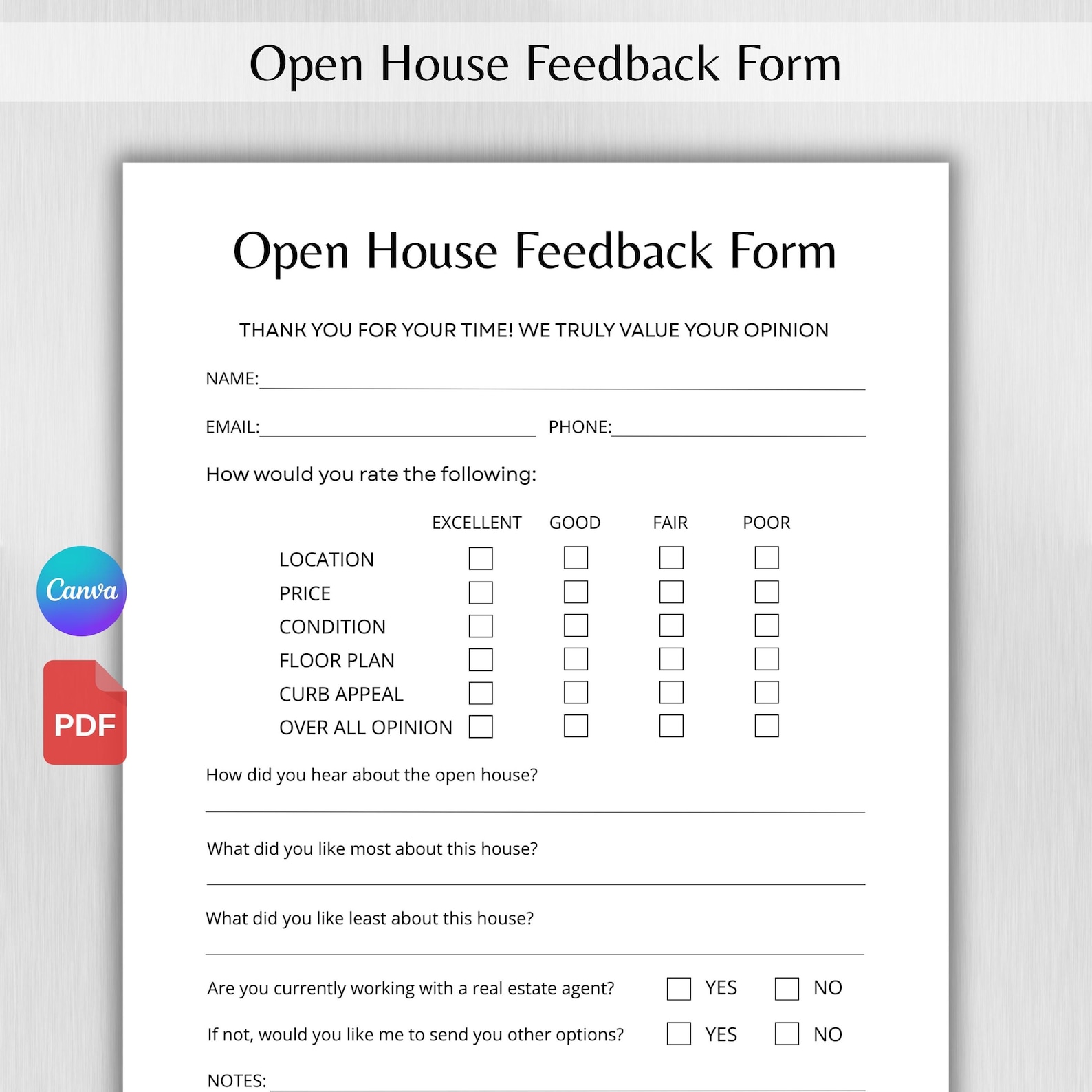 Open House Feedback Form Printable | Real Estate Feedback Sheet ...