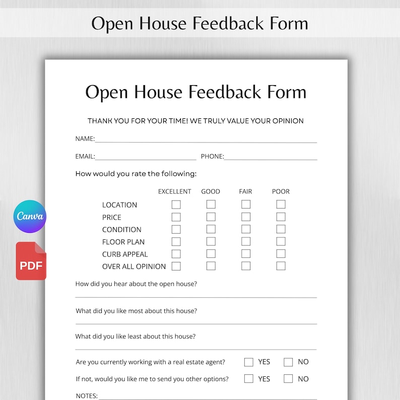 Editable Open House Feedback Form. Real Estate Agent Open House ...