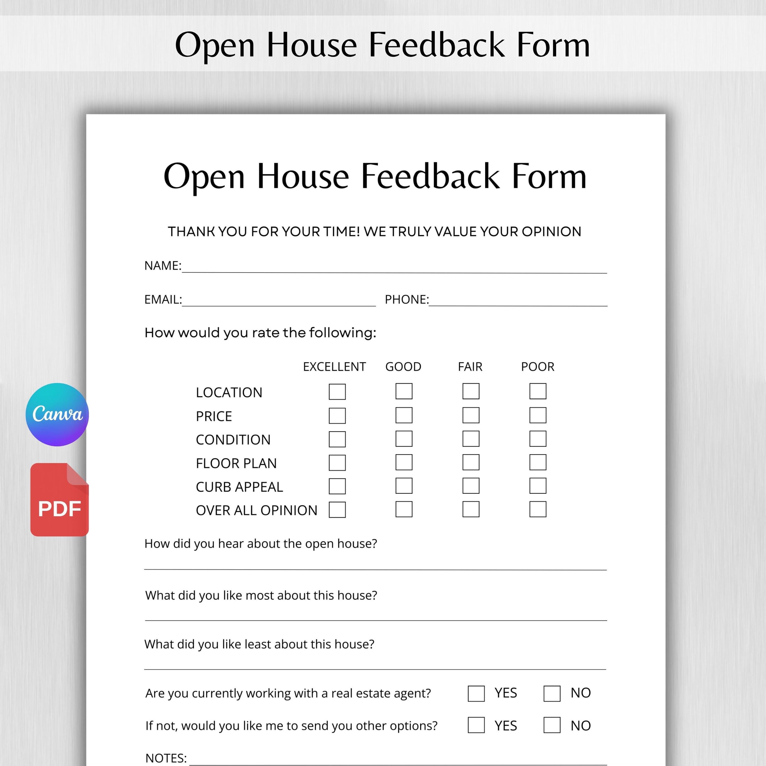 Open House Feedback Form Printable | Real Estate Feedback Sheet ...