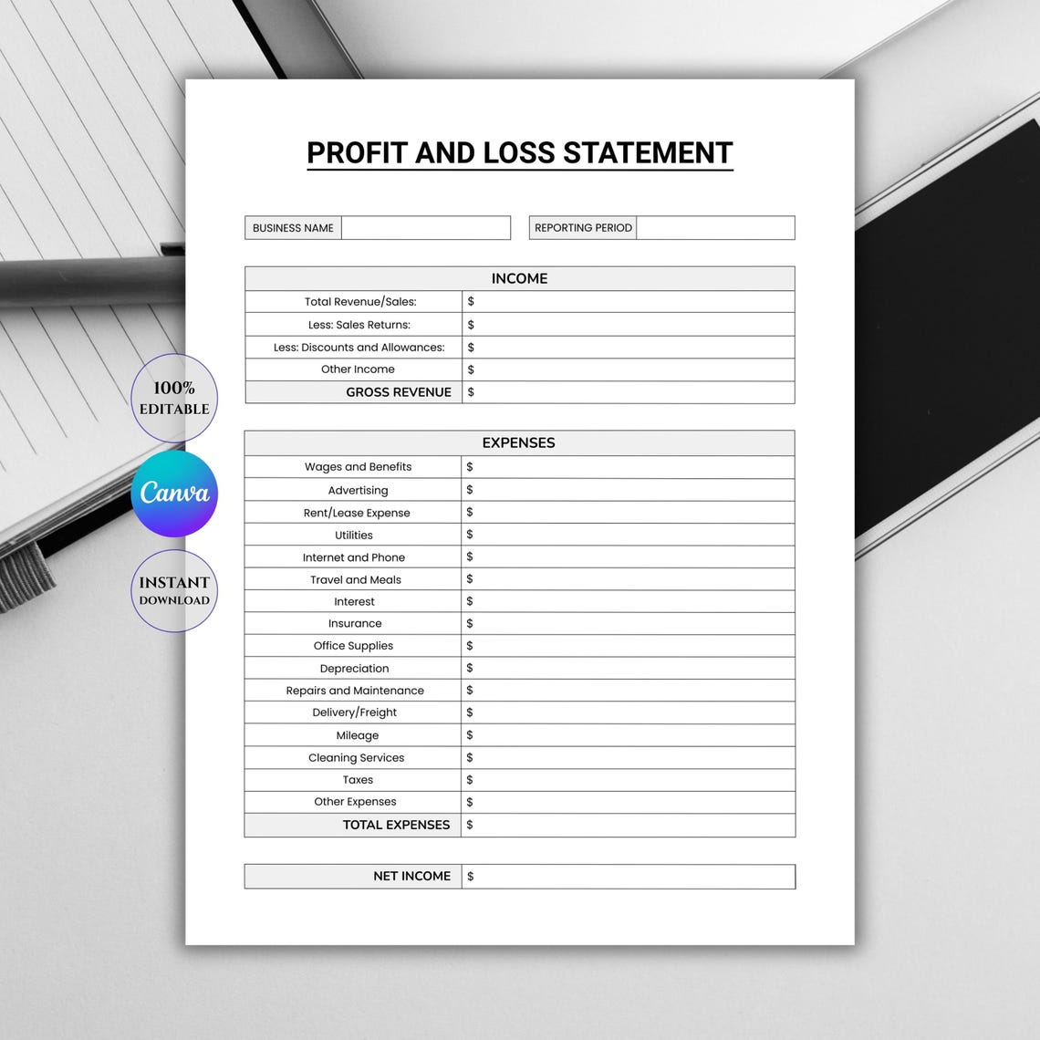 Profit and Loss Statement Template Editable | Small Business Income ...