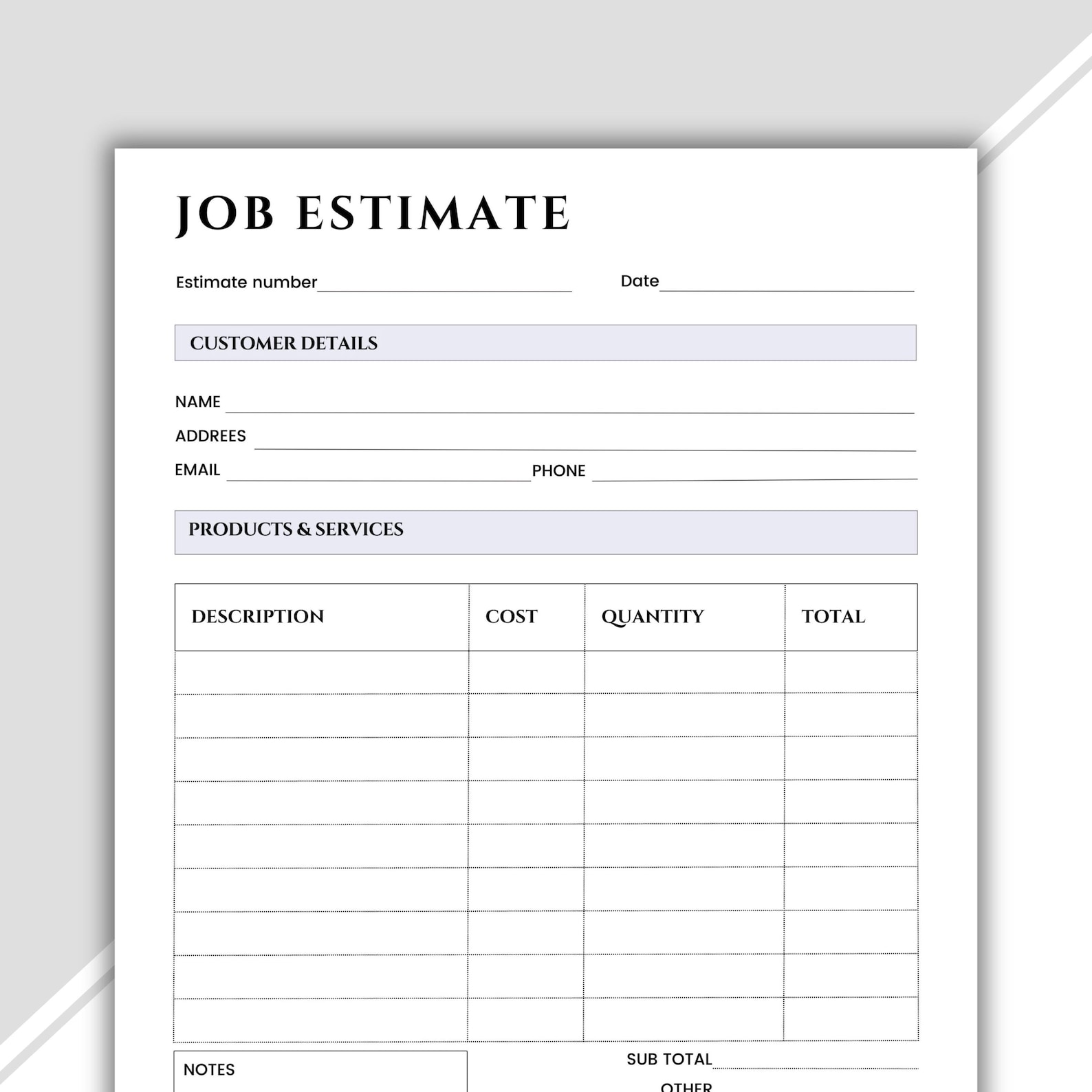 Work Estimate Template, Editable Job Estimate Template, Job Estimate ...