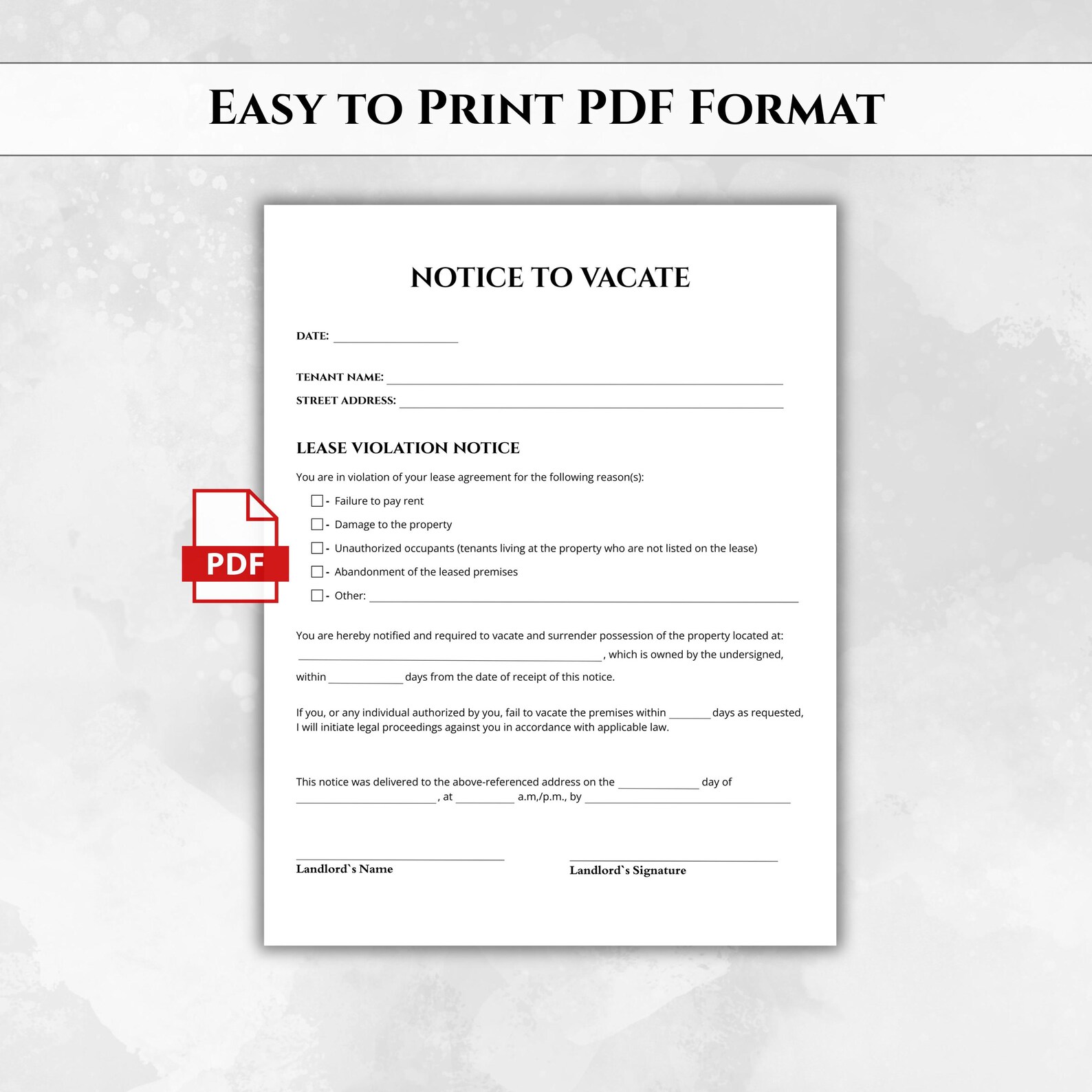 Notice to Vacate Template Printable | Tenant Move Out Notice | Landlord ...