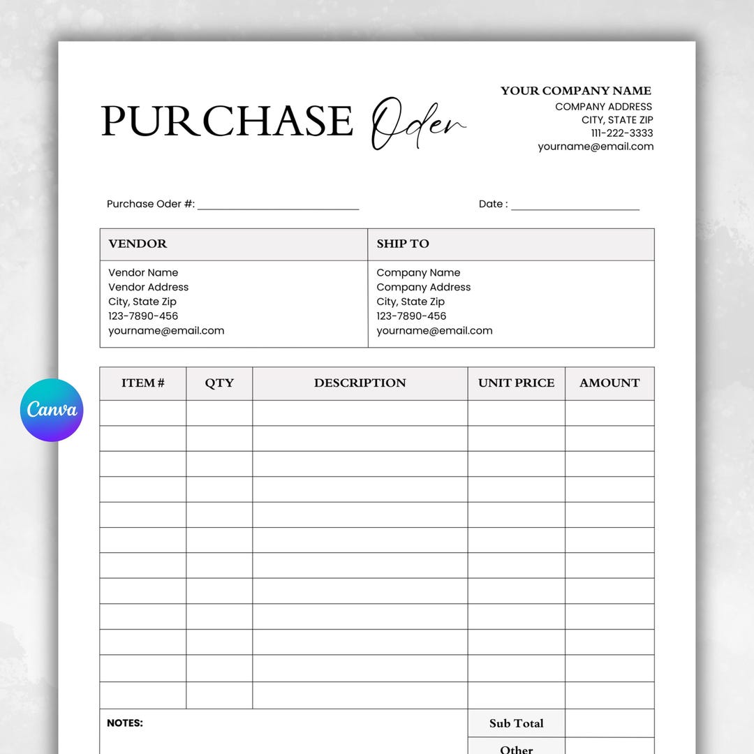 Purchase Order Template | Editable Purchase Order Form | Canva Purchase ...
