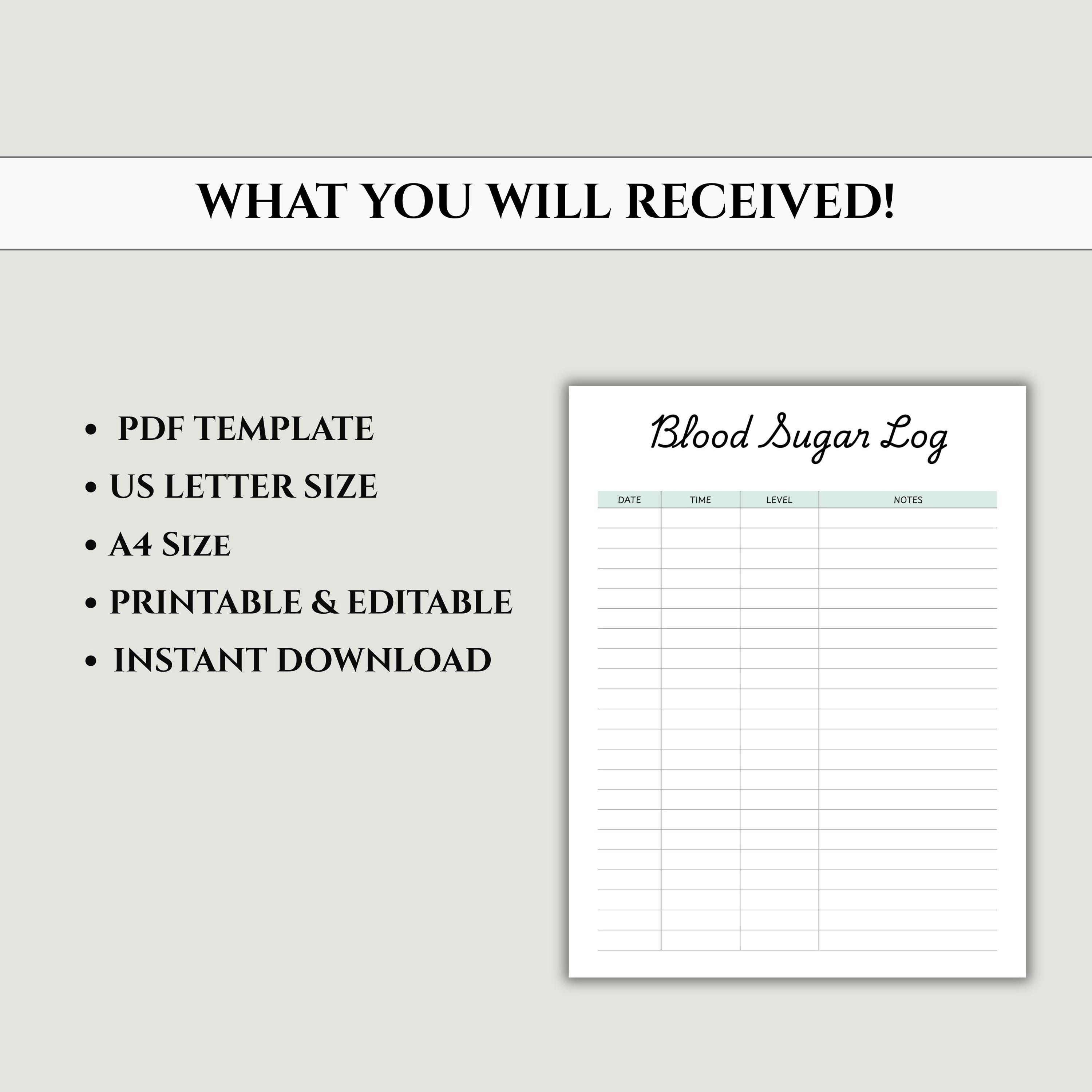 Blood Sugar Log Printable, Diabetes Tracker, Glucose Log Sheet ...