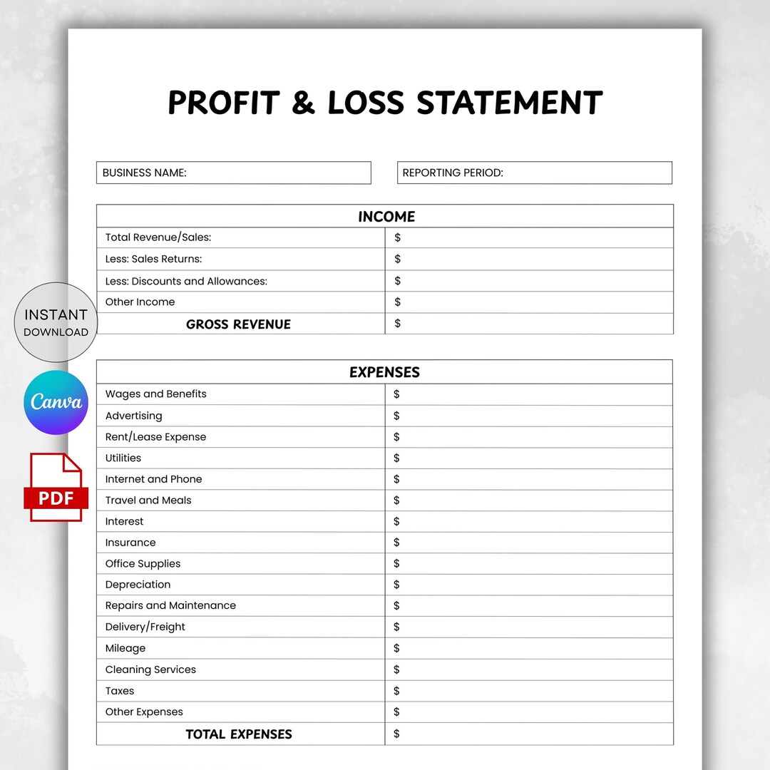 Profit and Loss Statement Template, P&L Spreadsheet, Small Business ...