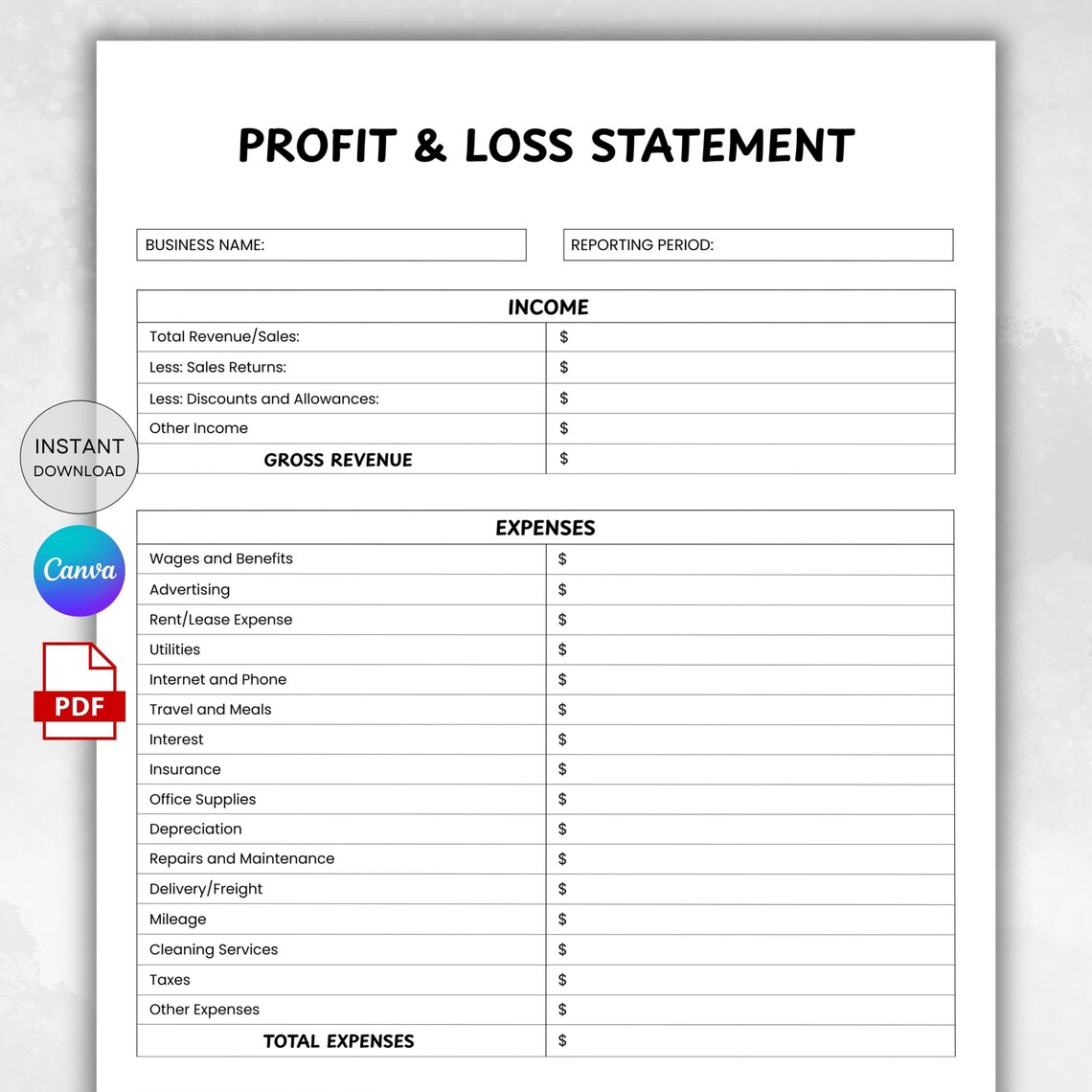 Profit and Loss Statement Template, P&L Spreadsheet, Small Business ...