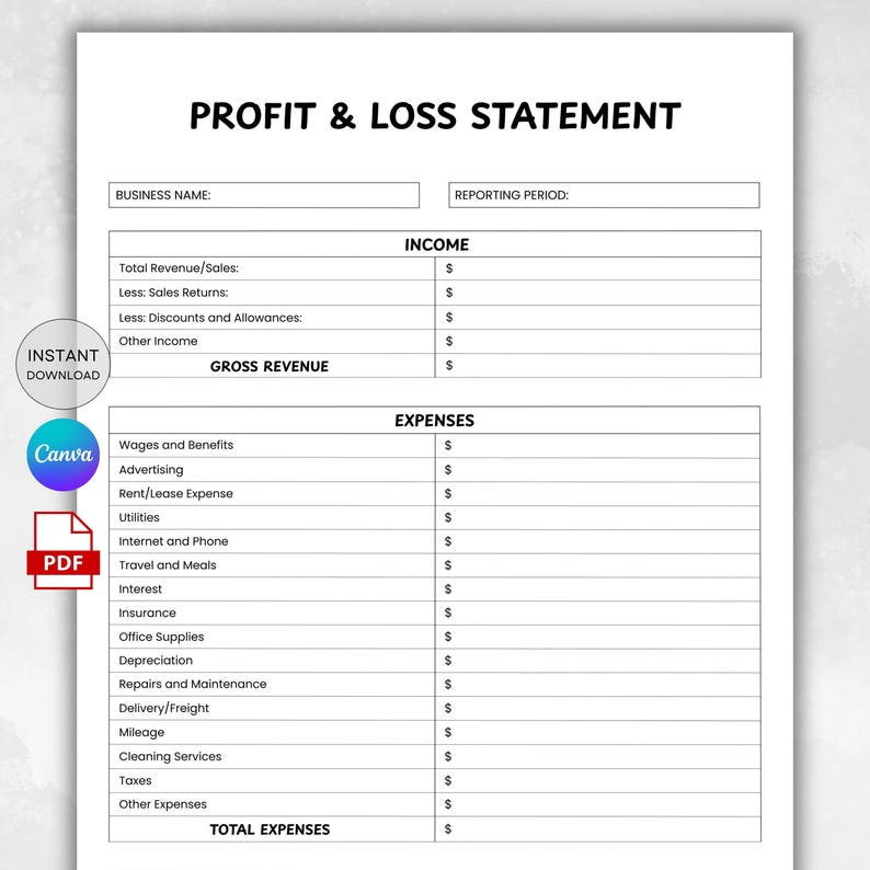 Profit and Loss Statement Template, P&L Spreadsheet, Small Business ...