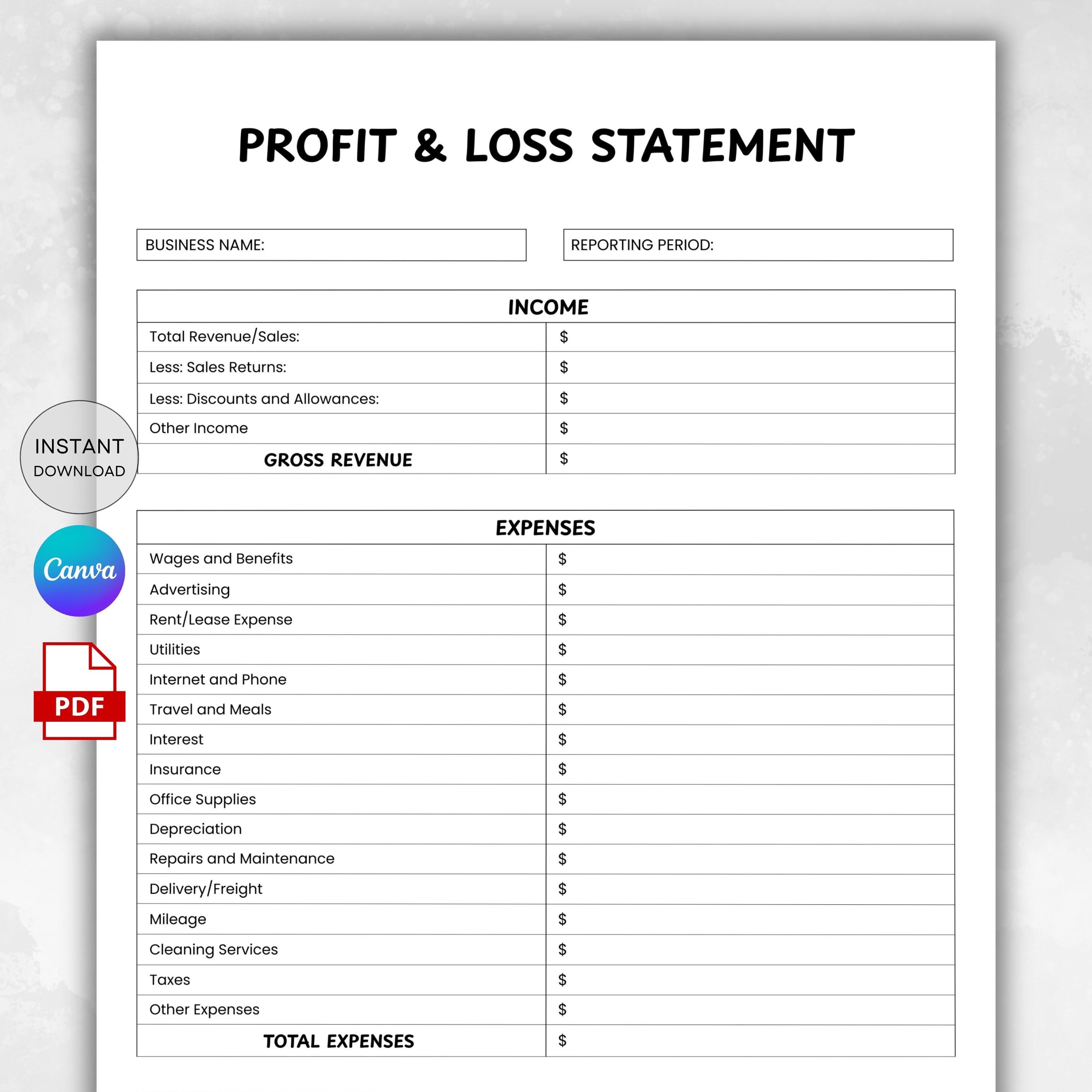 Profit and Loss Statement Template, P&L Spreadsheet, Small Business ...