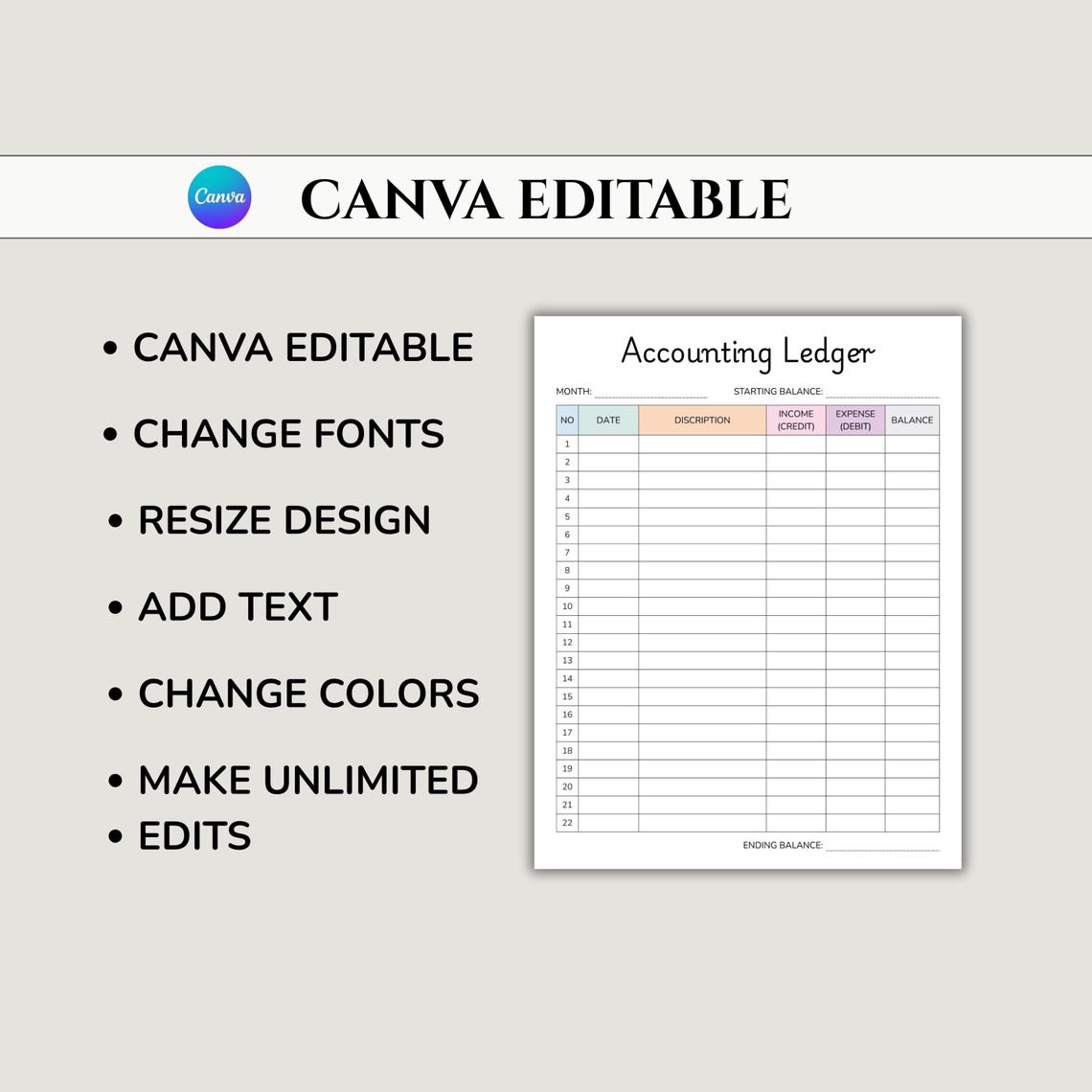 Accounting Ledger Template | Bookkeeping Record Sheet & Expense Tracker ...