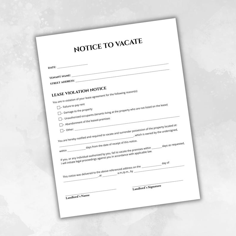 Notice to Vacate Template Printable | Tenant Move Out Notice | Landlord ...