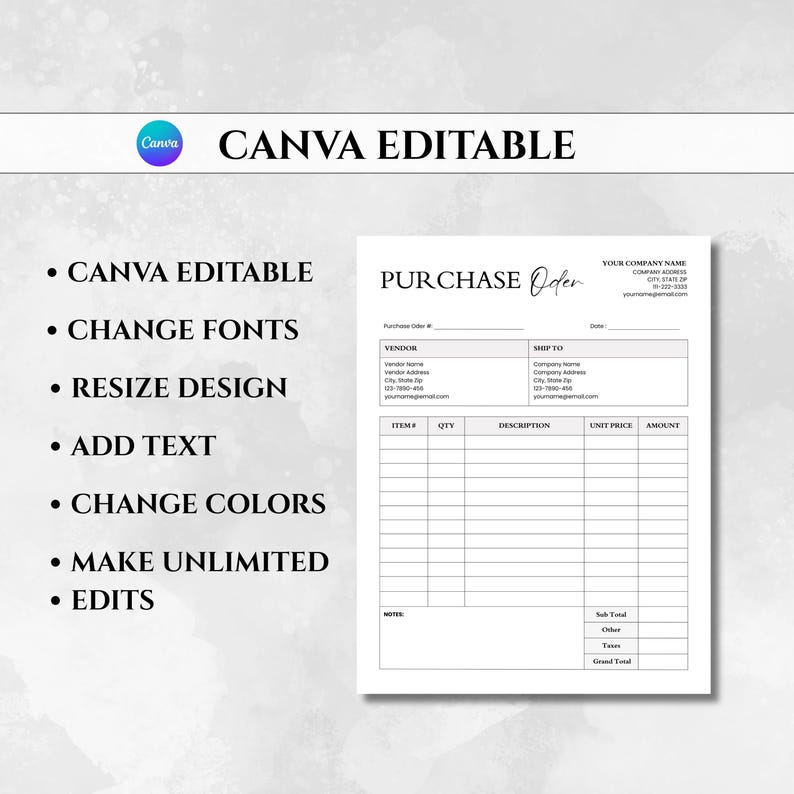 Purchase Order Template | Editable Purchase Order Form | Canva Purchase ...