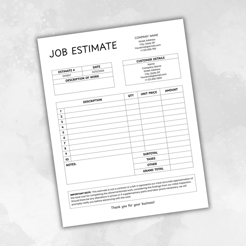 Job Estimate Template Editable Canva, Contractor Estimate Invoice ...