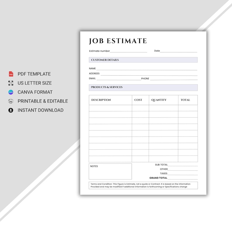 Job Estimate Template Editable | Contractor Estimate Form | Business ...