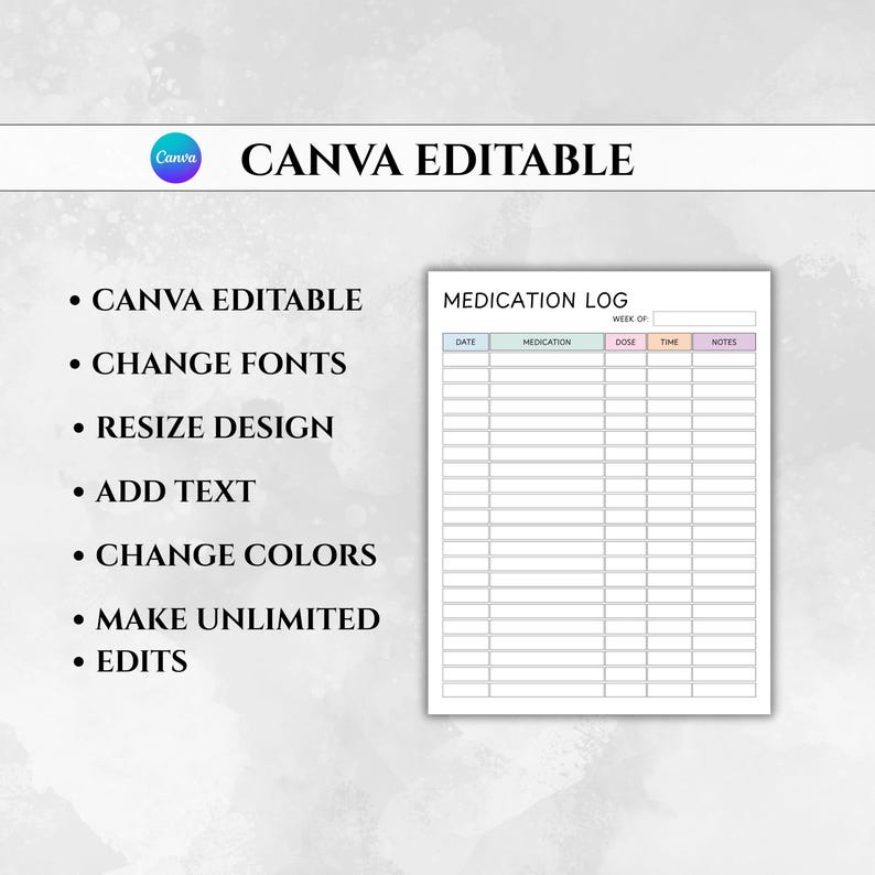 Medication Log Tracker Editable Template | Daily Medication Log Sheet ...