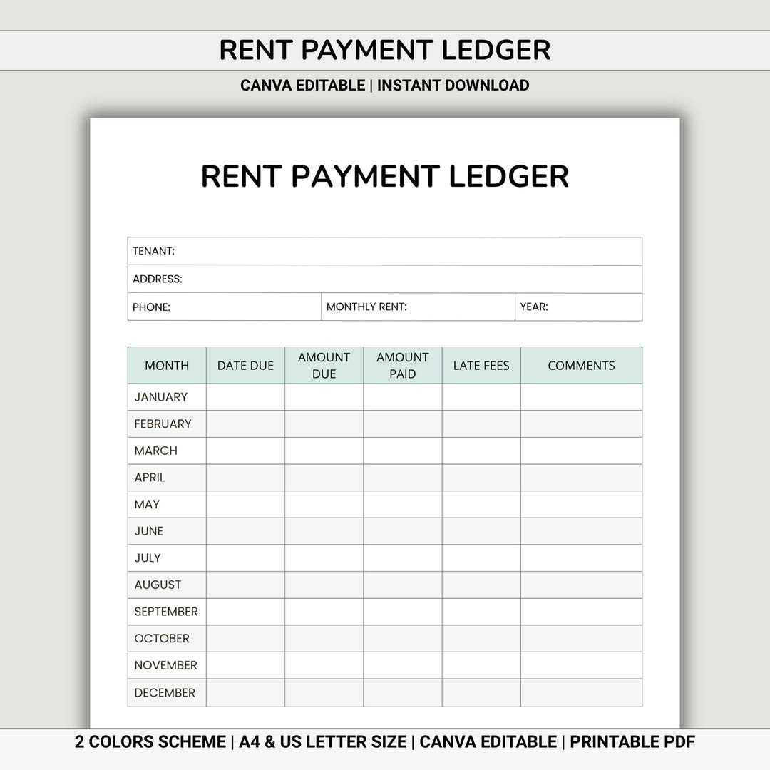 Rent Payment Ledger Printable, Monthly Rent Tracker for Landlords ...