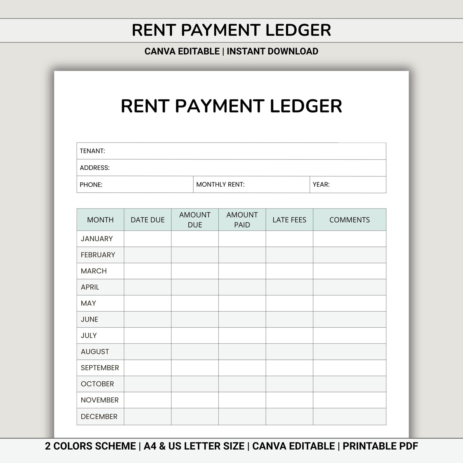 Rent Payment Ledger Printable, Monthly Rent Tracker for Landlords ...