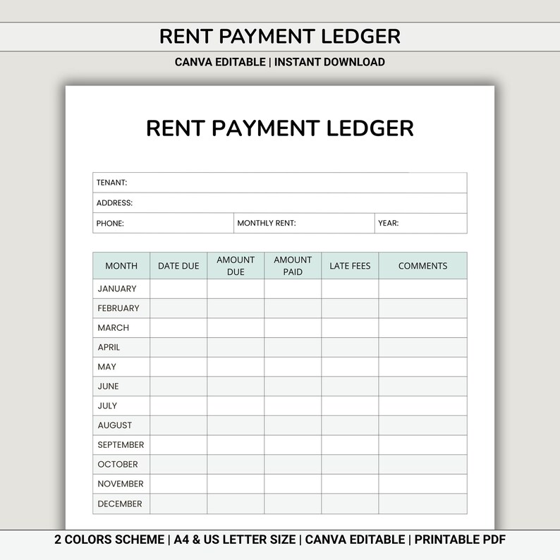 Rent Payment Ledger Printable, Monthly Rent Tracker for Landlords ...