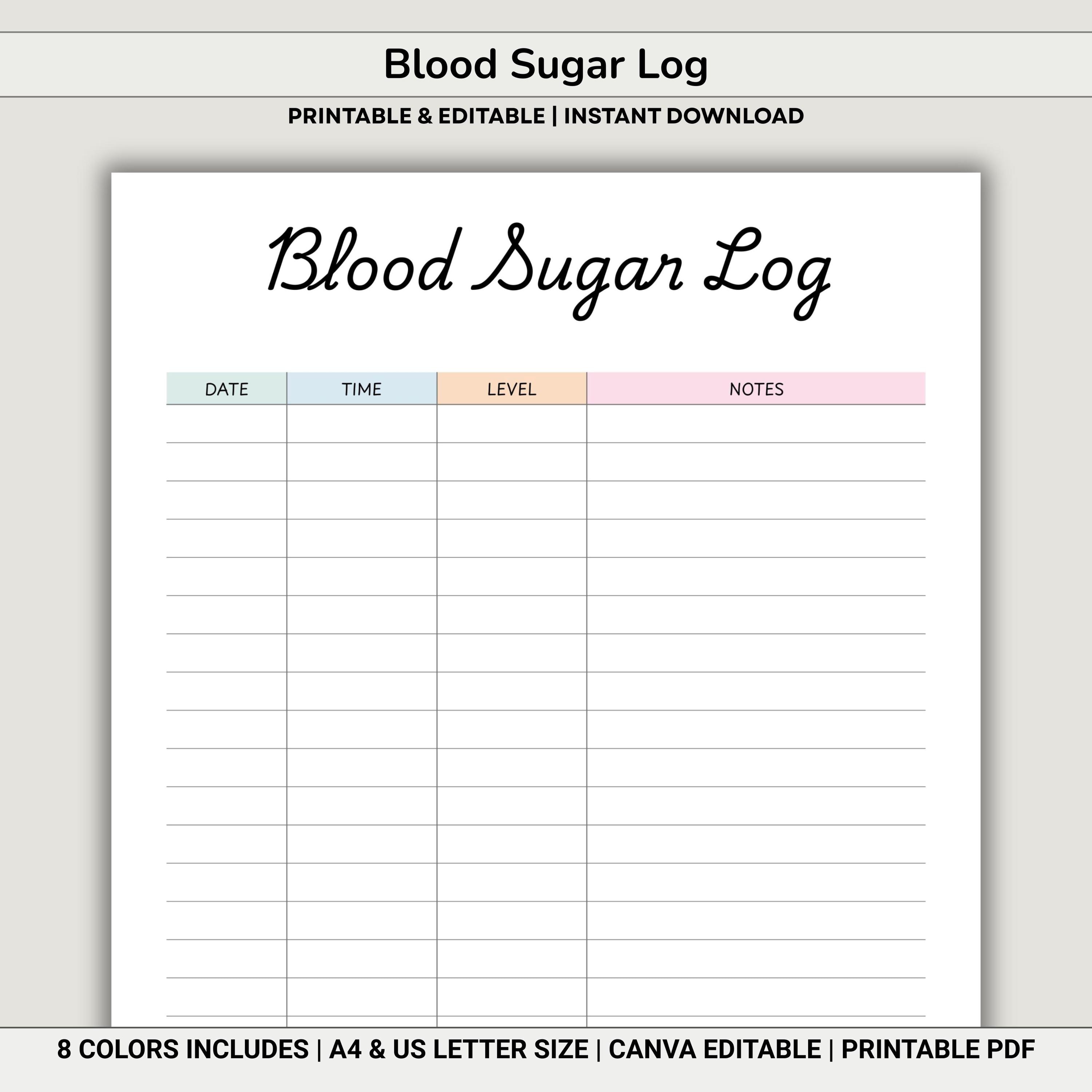 Blood Sugar Log Printable, Diabetes Tracker, Glucose Log Sheet ...