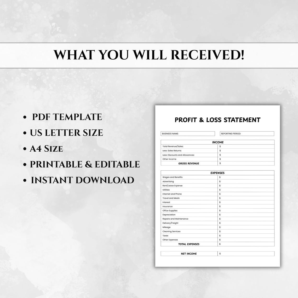 Profit and Loss Statement Template, P&L Spreadsheet, Small Business ...