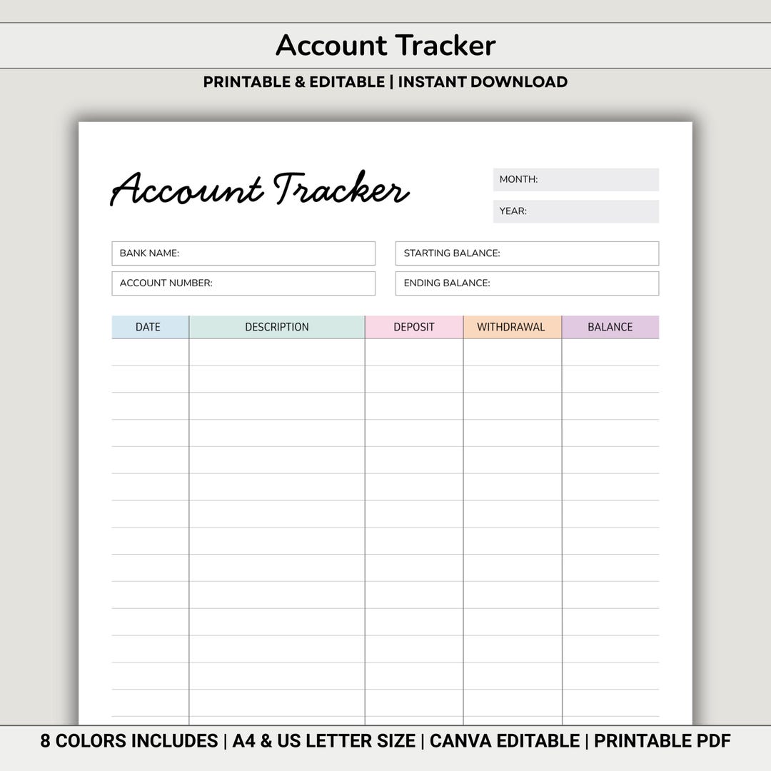 Account Tracker Printable | Bank Account Ledger | Monthly Finance ...