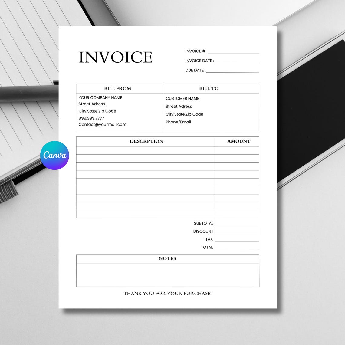 Minimal Invoice Template Editable in Canva | Printable Invoice Form PDF ...