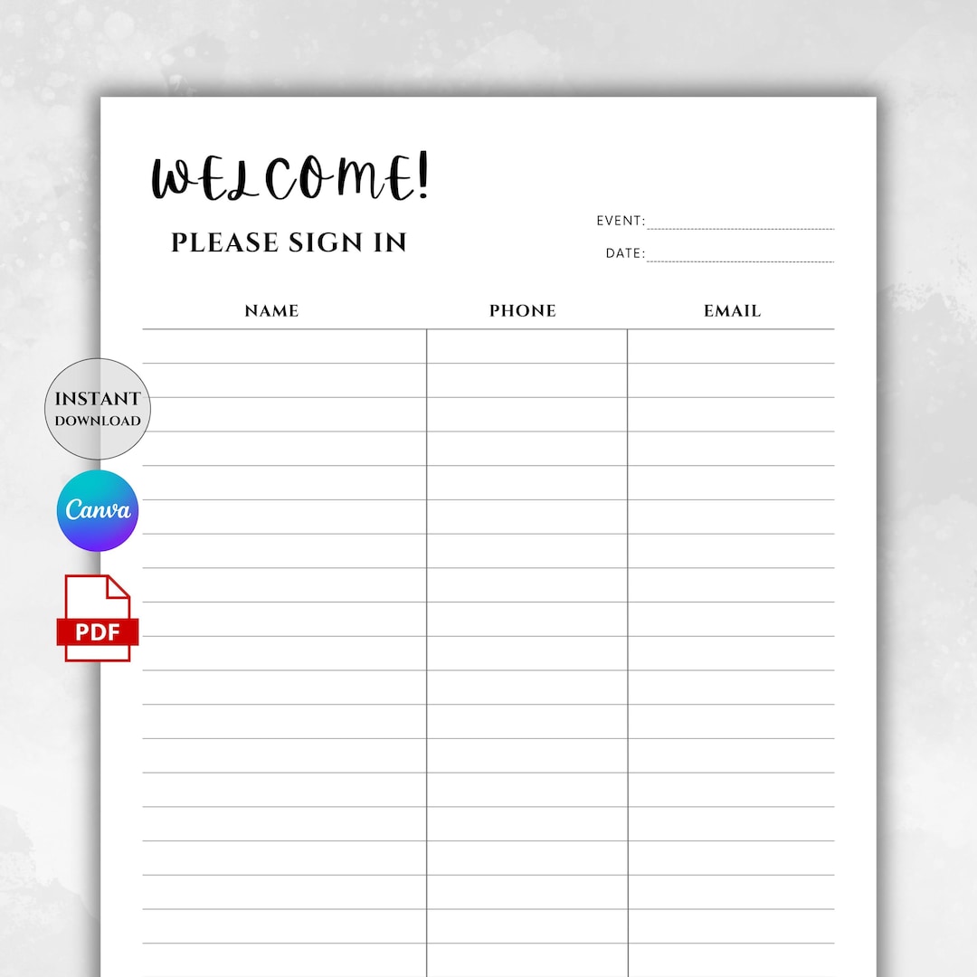 Printable Event Sign in Sheet | Welcome Please Sign in Template ...