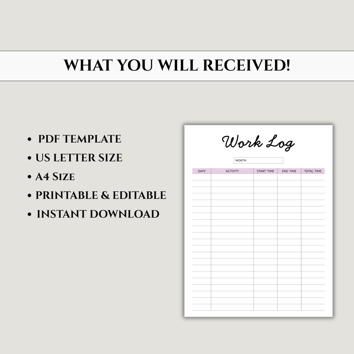 Work Log Template | Employee Daily Work Record Sheet | Job Task Tracker ...