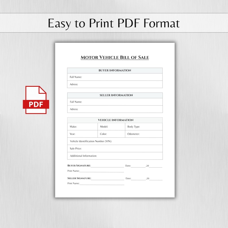 Editable Motor Vehicle Bill of Sale, Bill of Sale Agreement, Car Sale ...