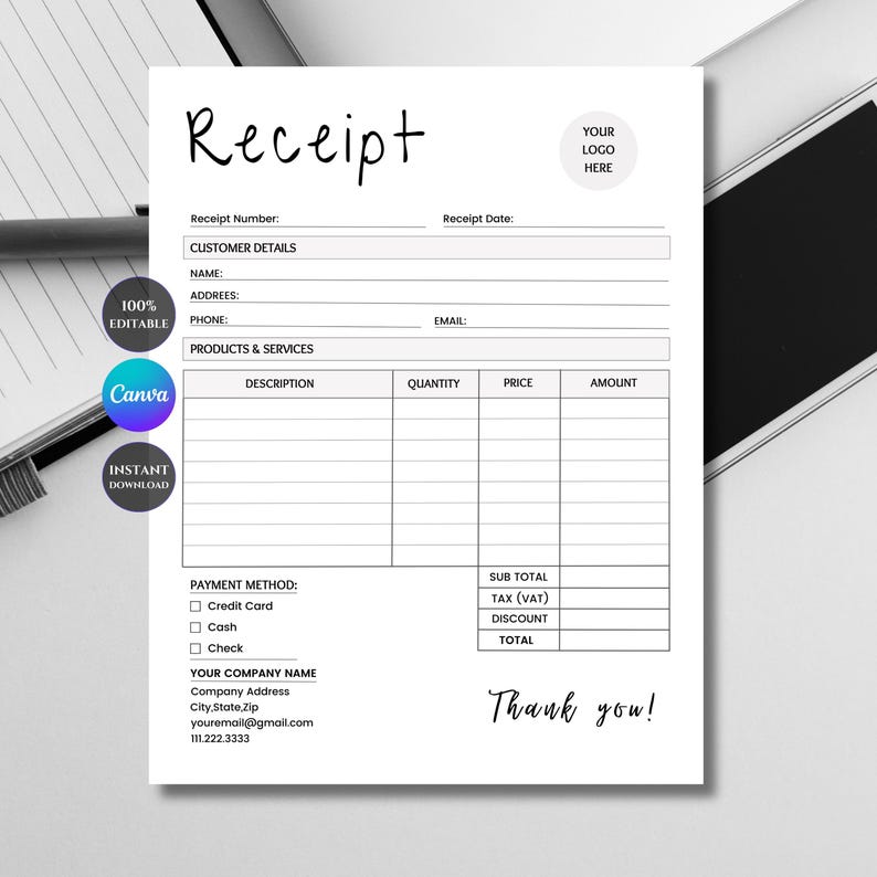 Receipt Template Canva | Editable Receipt | Small Business Receipt ...