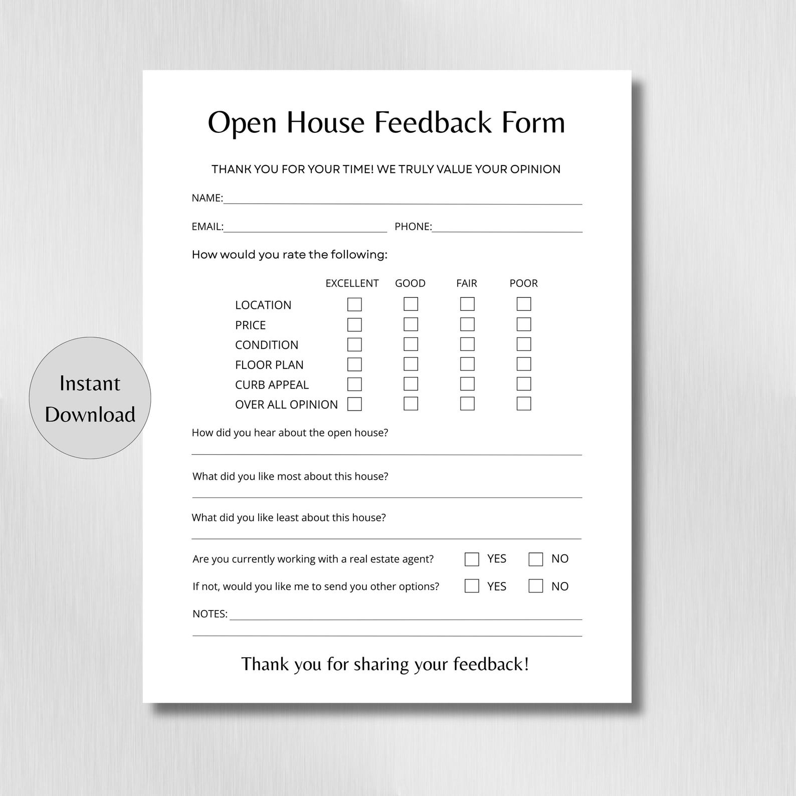 Editable Open House Feedback Form. Real Estate Agent Open House ...