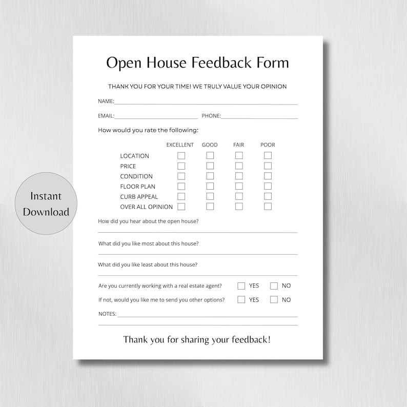 Editable Open House Feedback Form. Real Estate Agent Open House ...