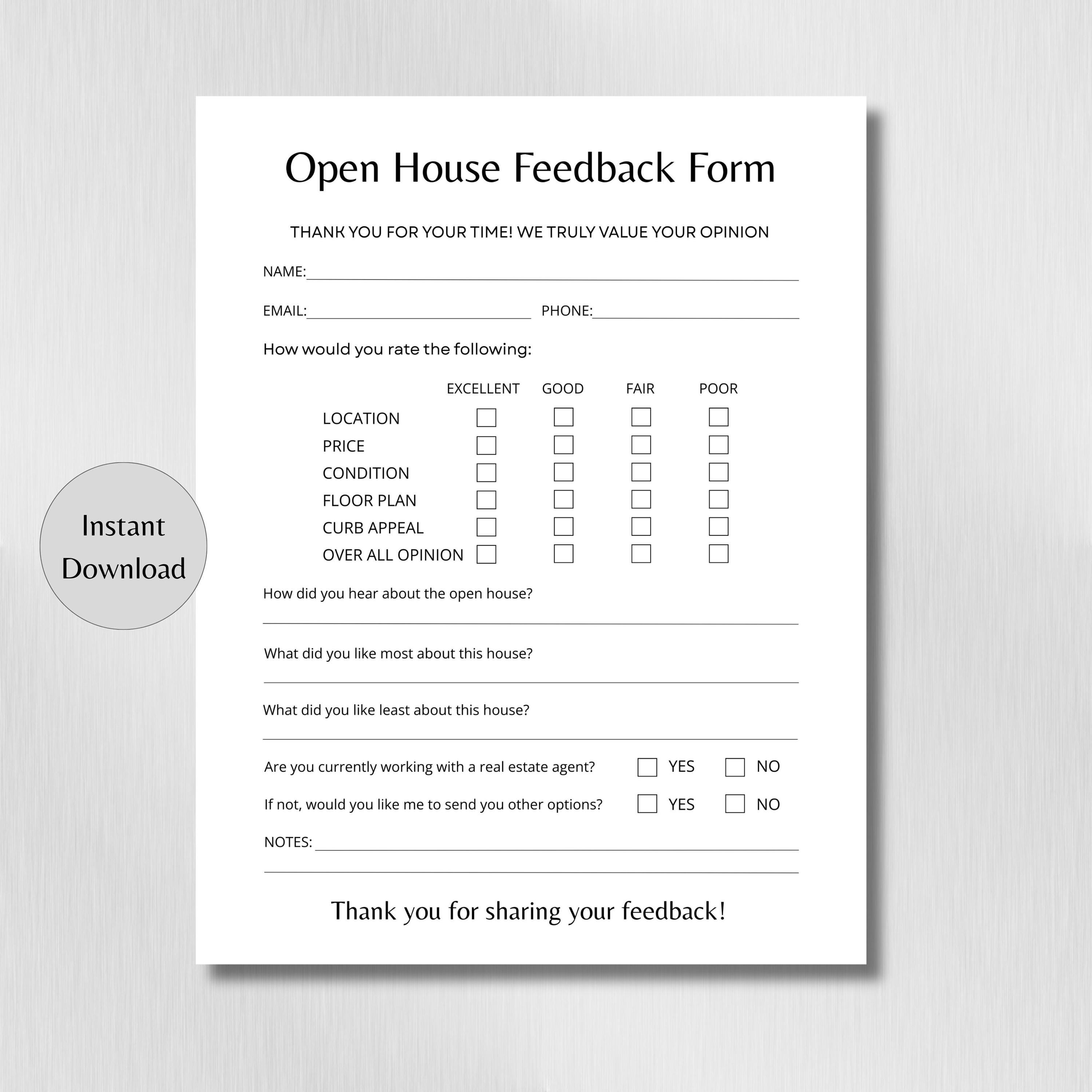 Editable Open House Feedback Form. Real Estate Agent Open House ...