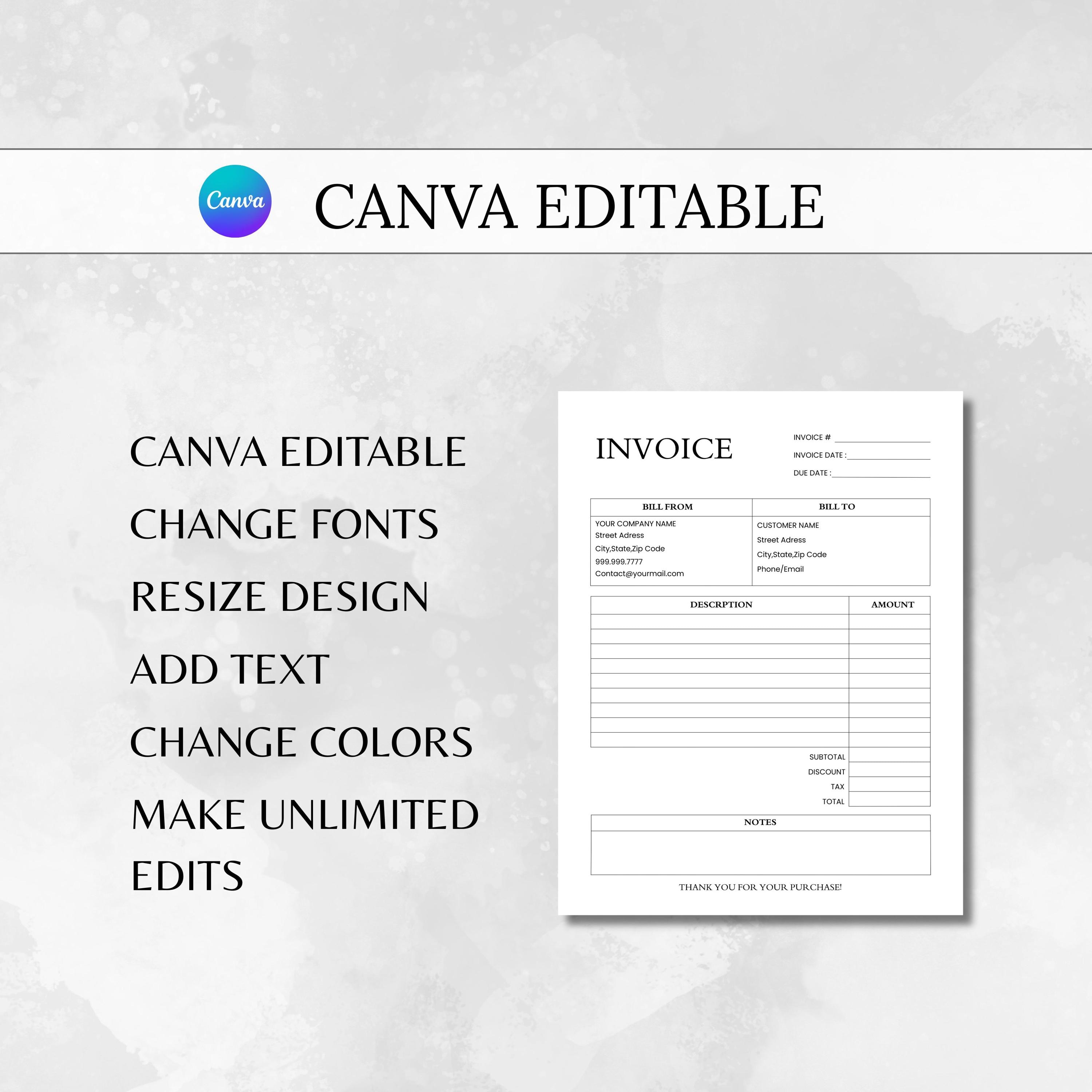 Minimal Invoice Template Editable in Canva | Printable Invoice Form PDF ...