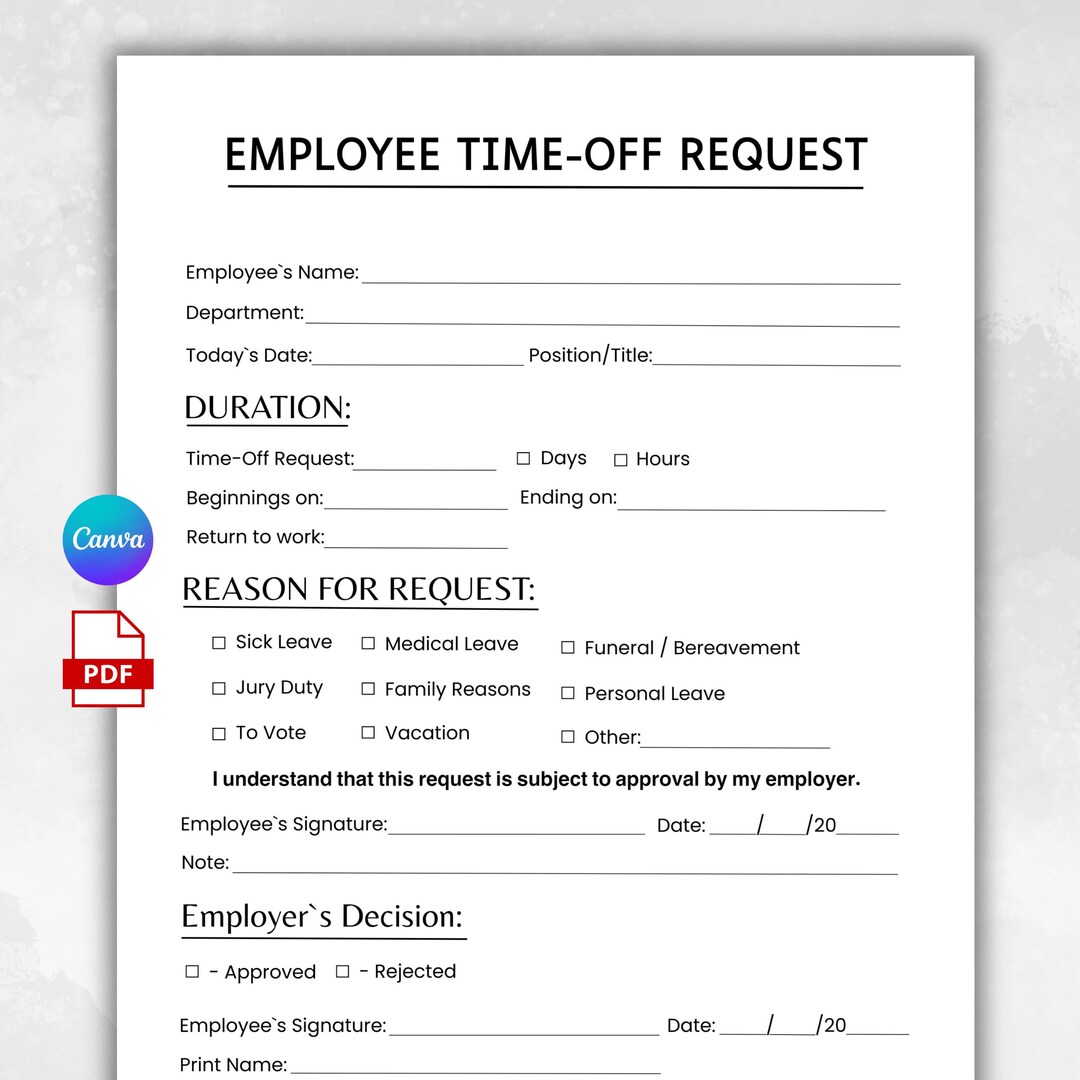 Employee Time off Request Form Template | PTO Vacation Request Sheet ...
