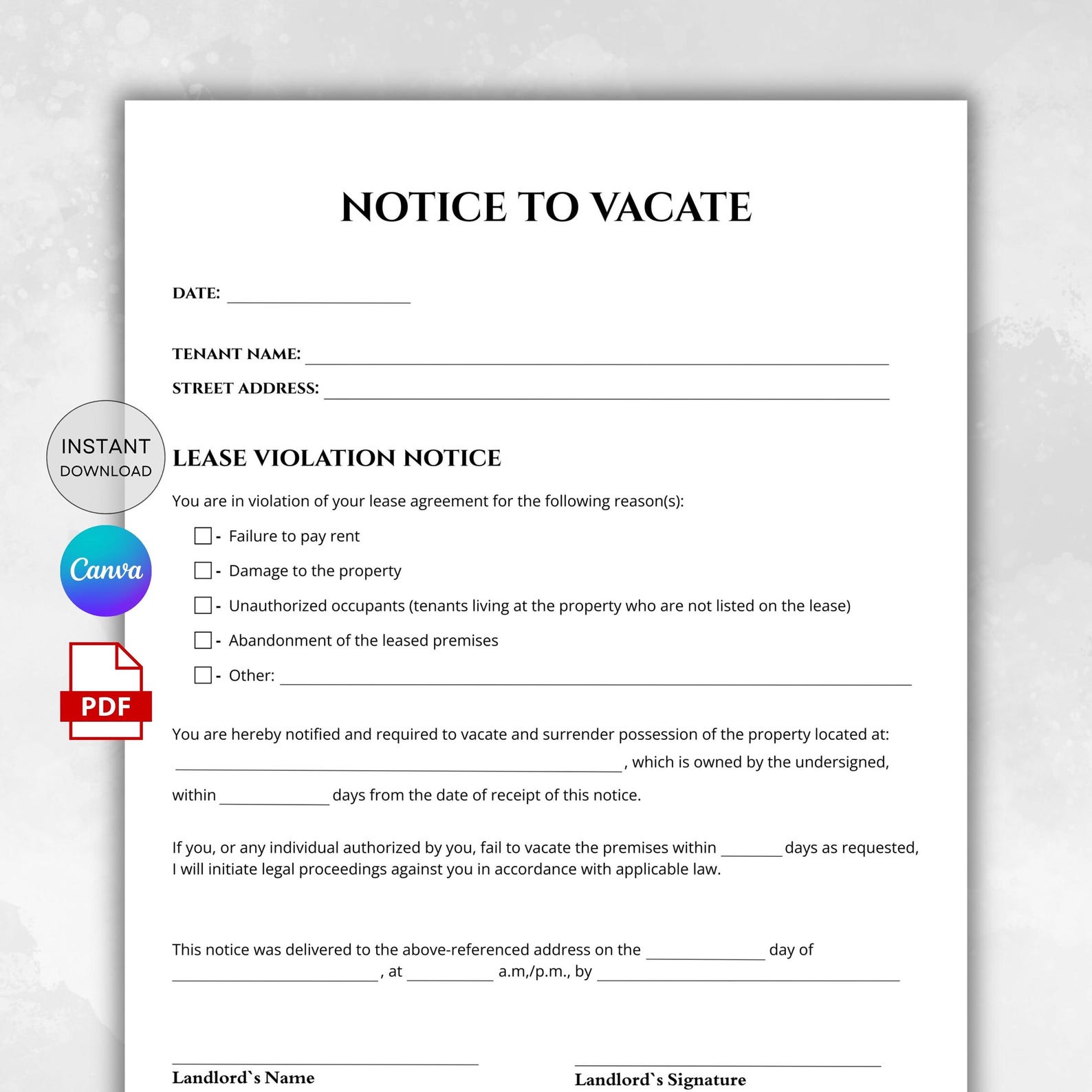 Notice to Vacate Template Printable | Tenant Move Out Notice | Landlord ...