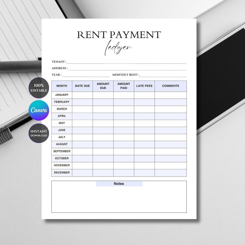 Rent Payment Ledger Printable | Monthly Rent Tracker | Landlord Rental ...