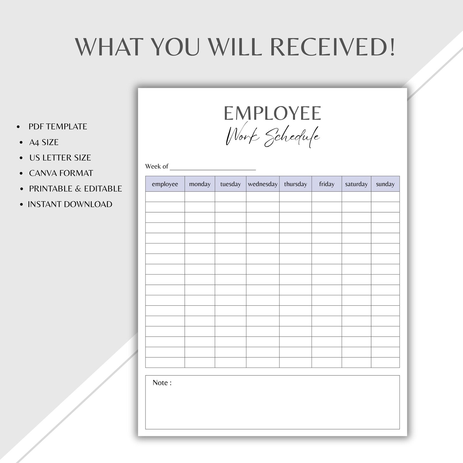 Employee Work Schedule Printable. Work Schedule Tracker. Editable Time ...