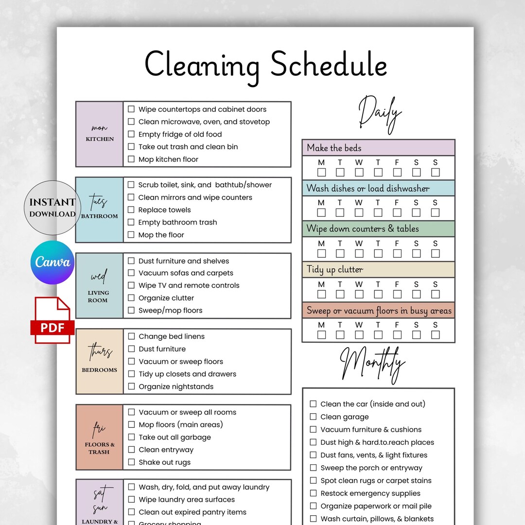 Editable Cleaning Schedule Printable Daily Weekly Monthly Cleaning ...