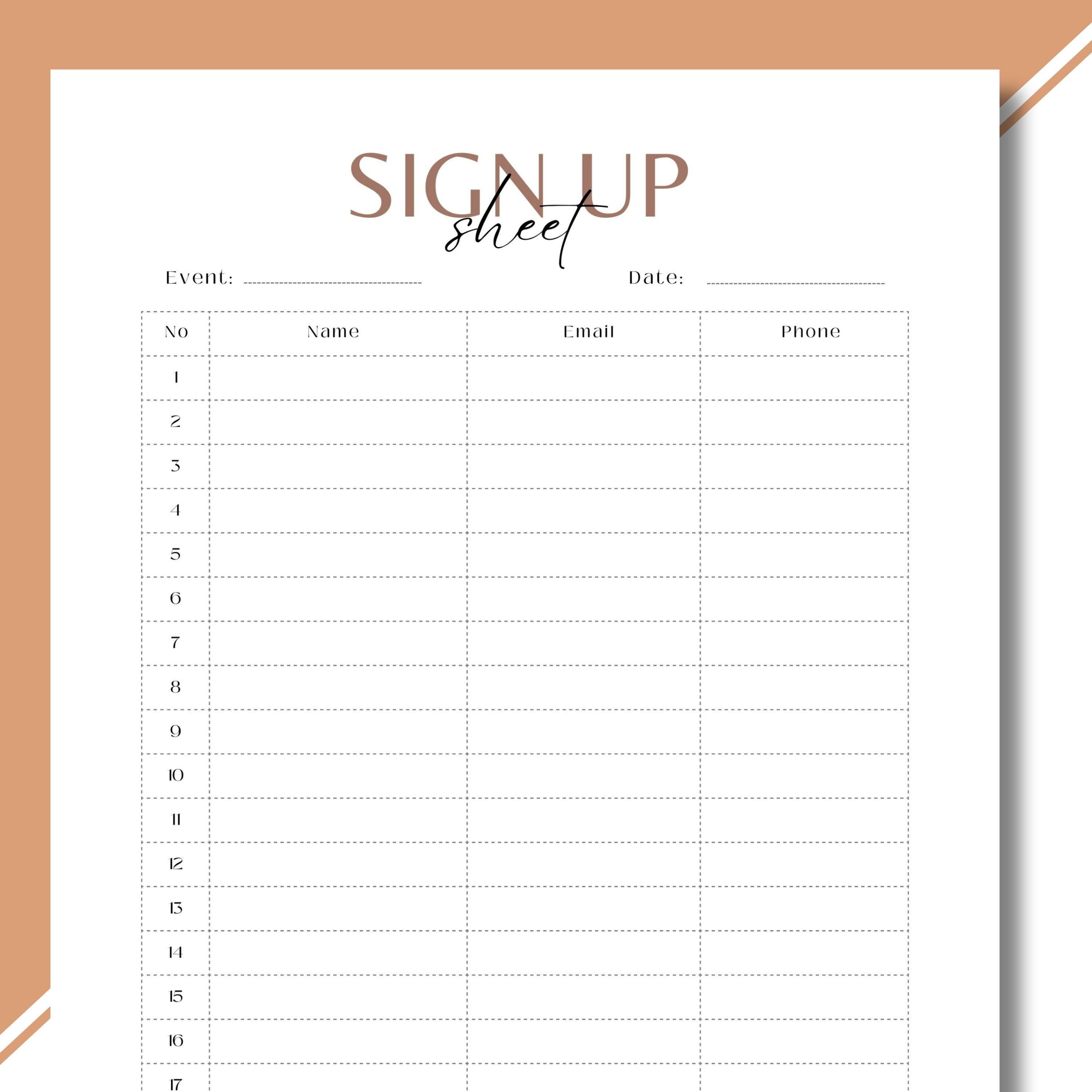 Sign up Sheet, Event Sign up Sheet, Sign up Template, Sign up Form ...