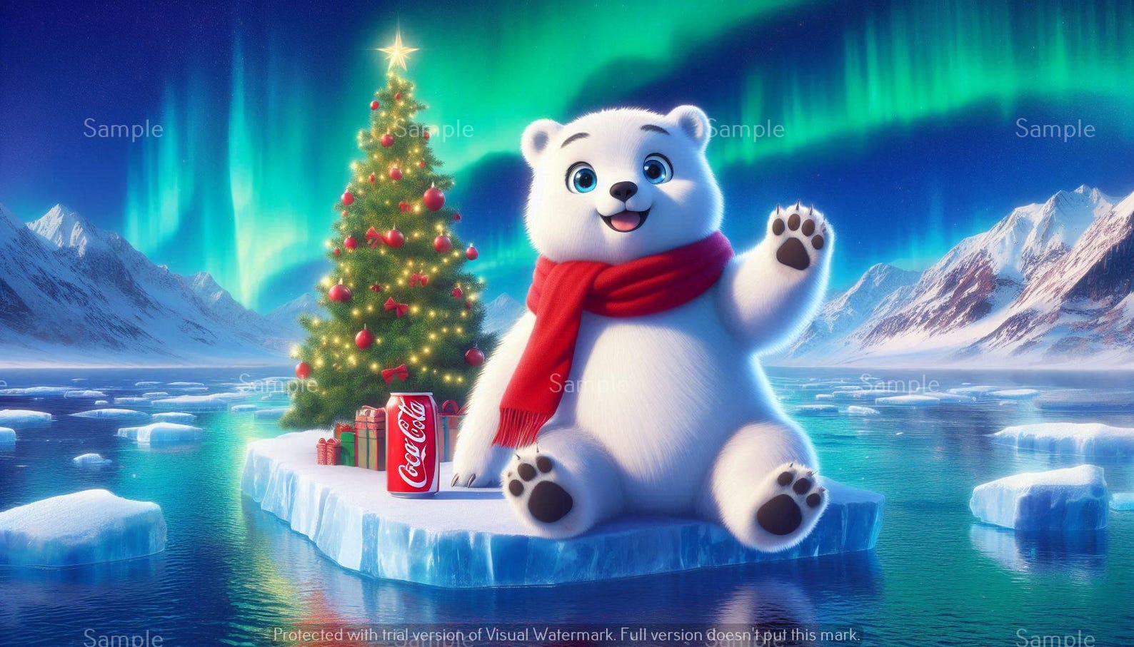 Oso polar de Coca Cola sobre un iceberg, árbol de Navidad (imagen ...